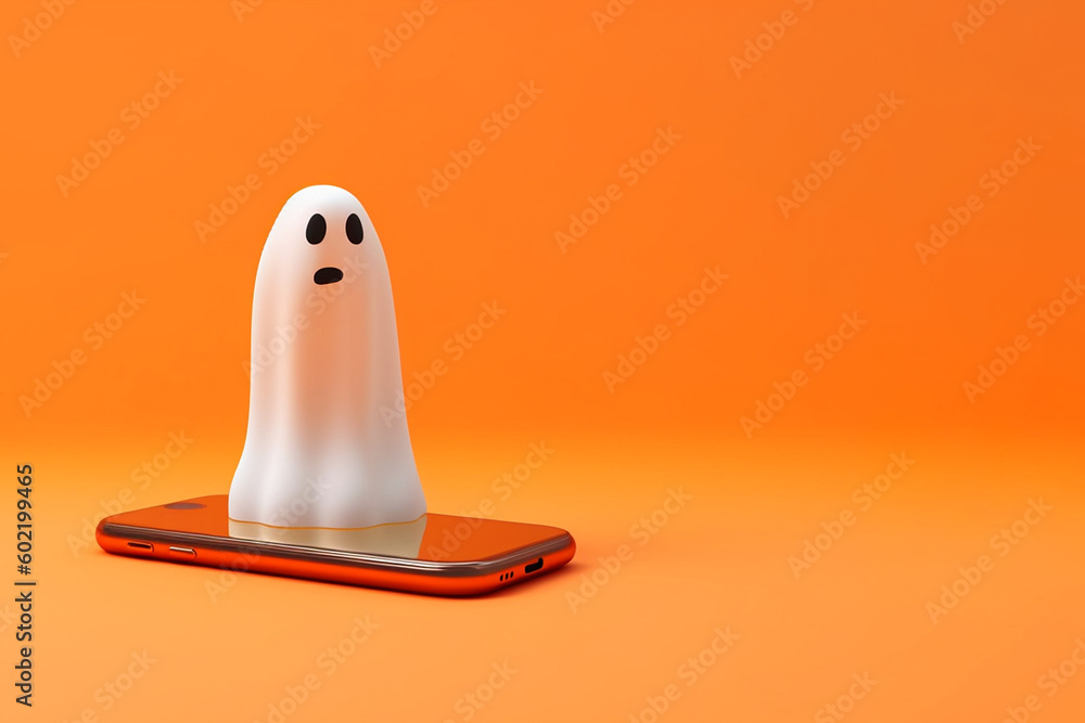 White ghost coming from smartphone. Phishing attack, unwanted ...