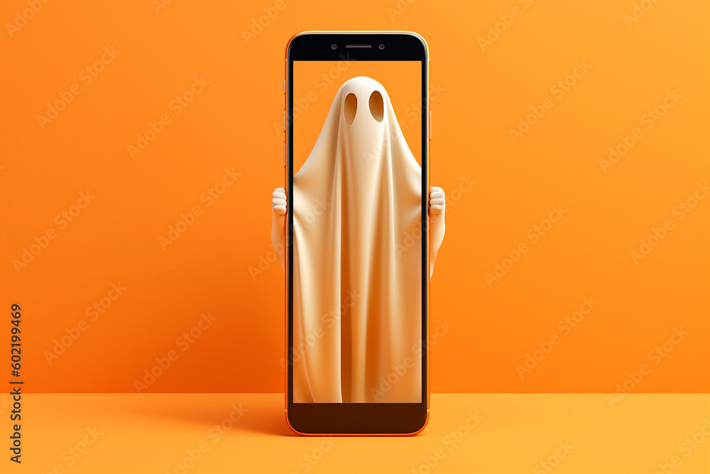 White ghost coming from smartphone. Phishing attack, unwanted ...
