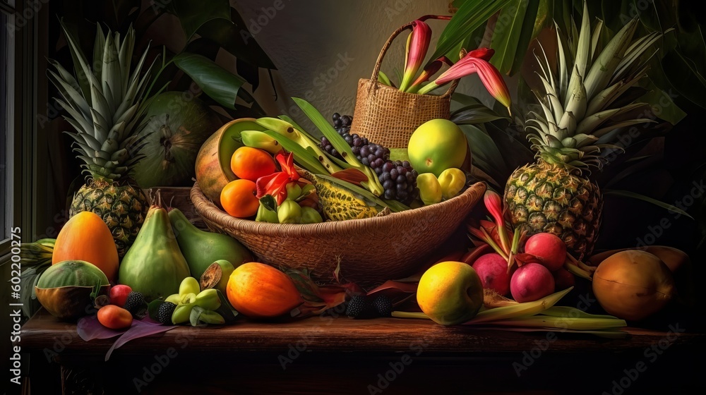 Still life of tropical common items included citruses, avocados and ...