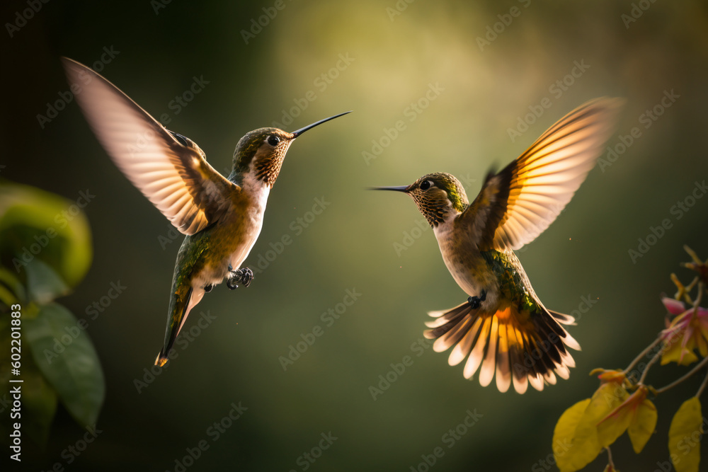 Hummingbirds with long golden tail, beautiful action flight scene with ...