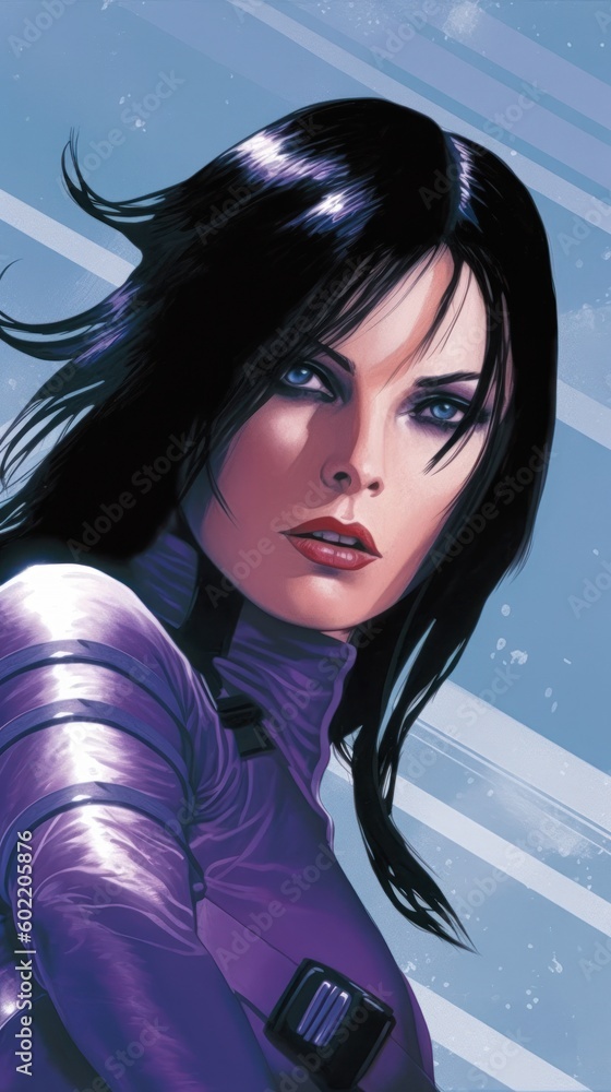 drawing woman costume closeup purple outfit gun windblown black hair ...