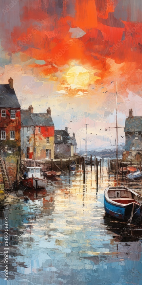 acrylic abstract harbor scene boat harbor sunset cottages large patches ...