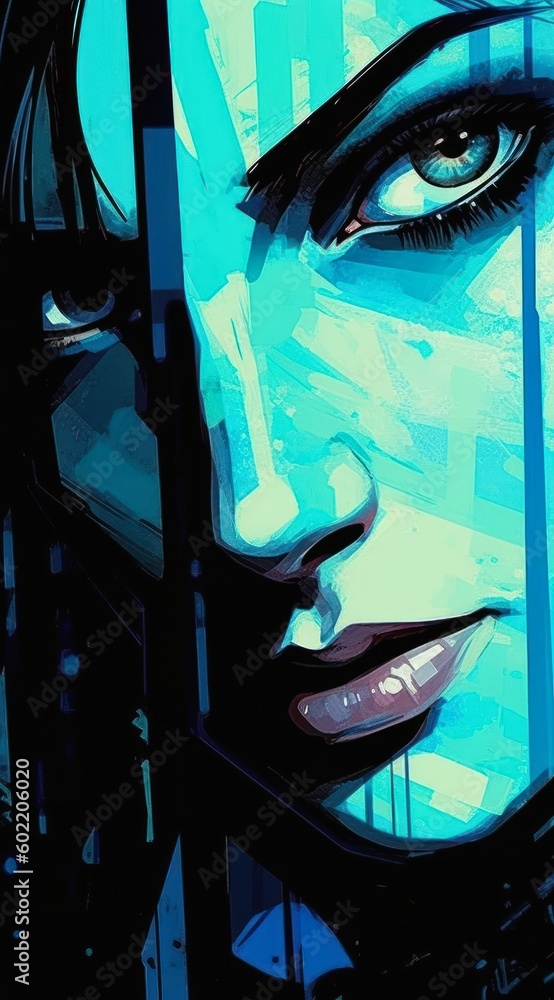 anime closeup portrait woman blue face neo noir mirrors edge ...