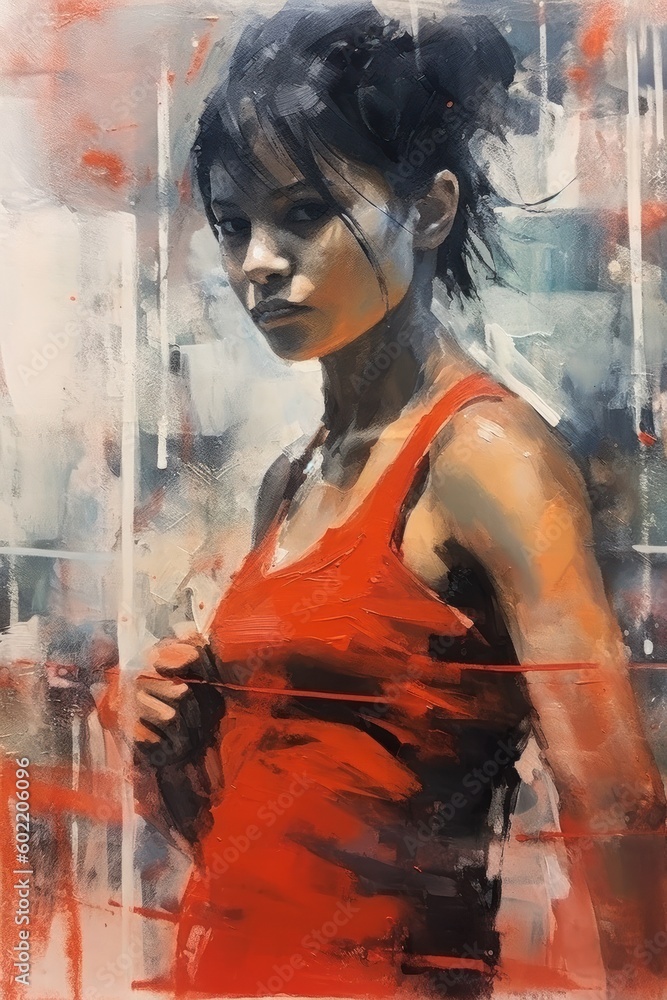 attractive young female boxing ring woman red top standing front window ...