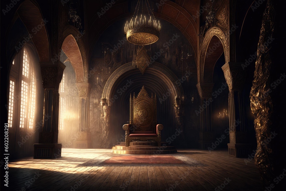 A golden filigree throne room in a medieval castle king sitting on the ...
