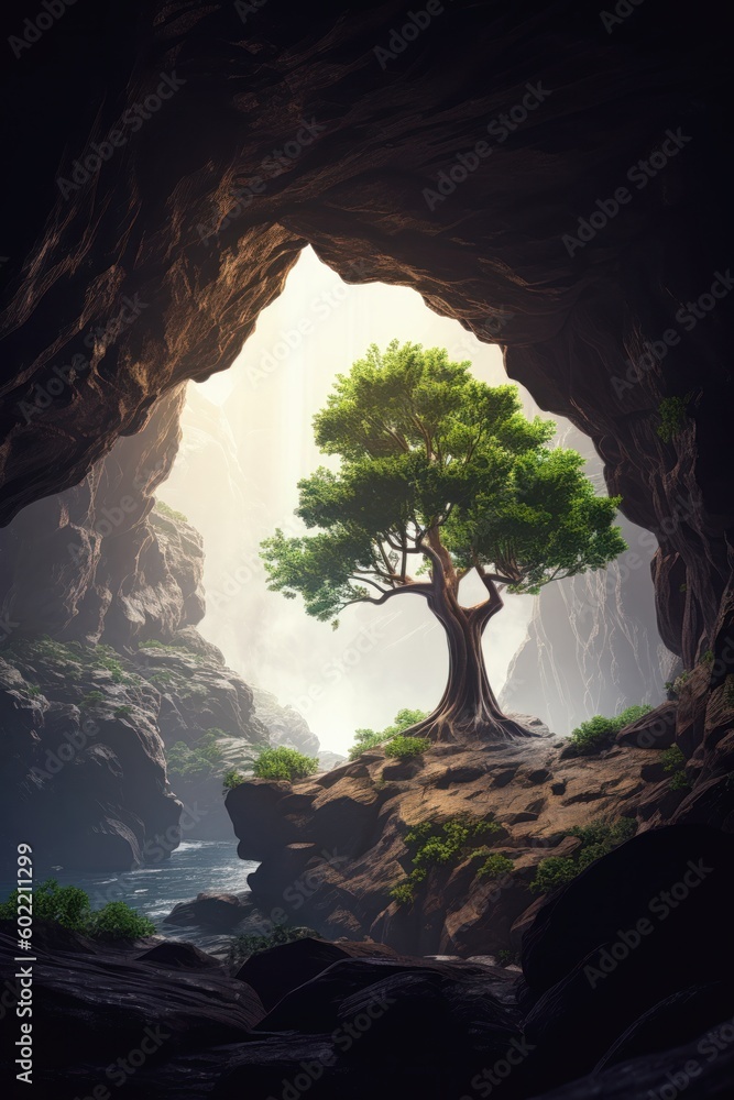 tree inside cave rive growing out middle mountain profile safari ...