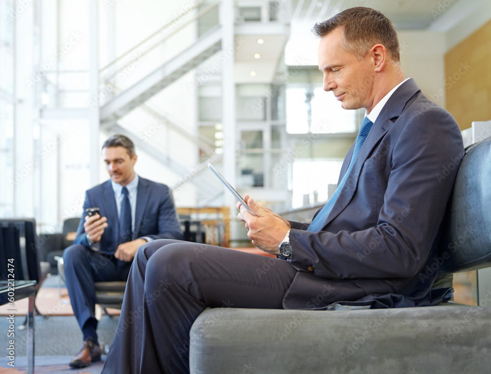Travel, relax and tablet with businessman in airport lobby for ...
