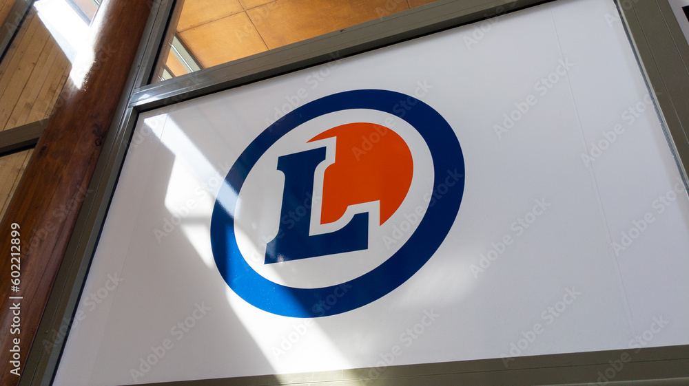 E.Leclerc logo brand and text sign wall facade French store company ...