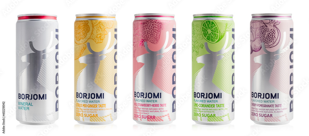 Borjomi set in a tin can with different flavors isolated on a ...
