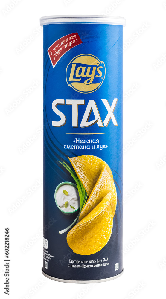potato chips with sour cream and onions, Lays Stax on a bright ...