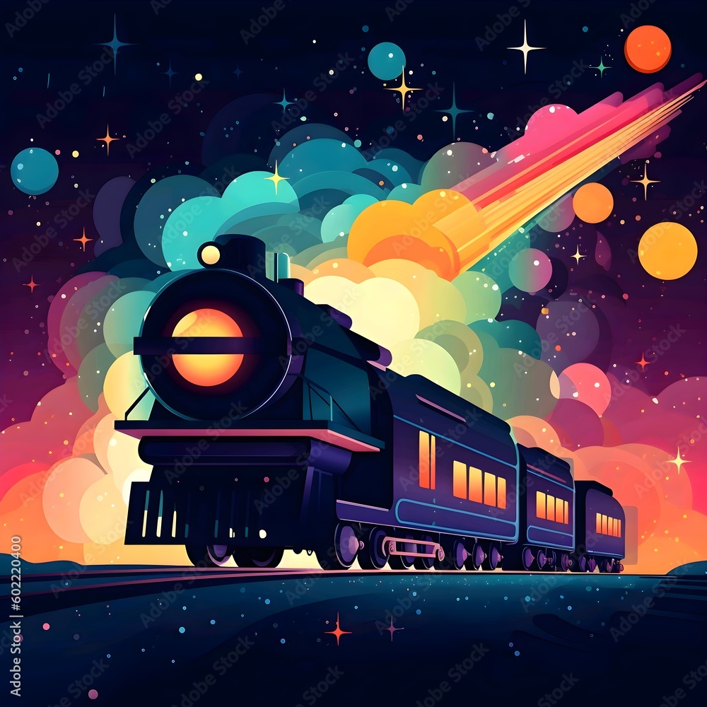 train on the background of the night. train fly in cosmos to galaxy ...