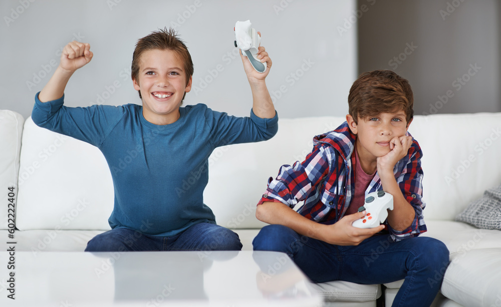 Boys playing video game, celebrate and friends gaming with tech ...