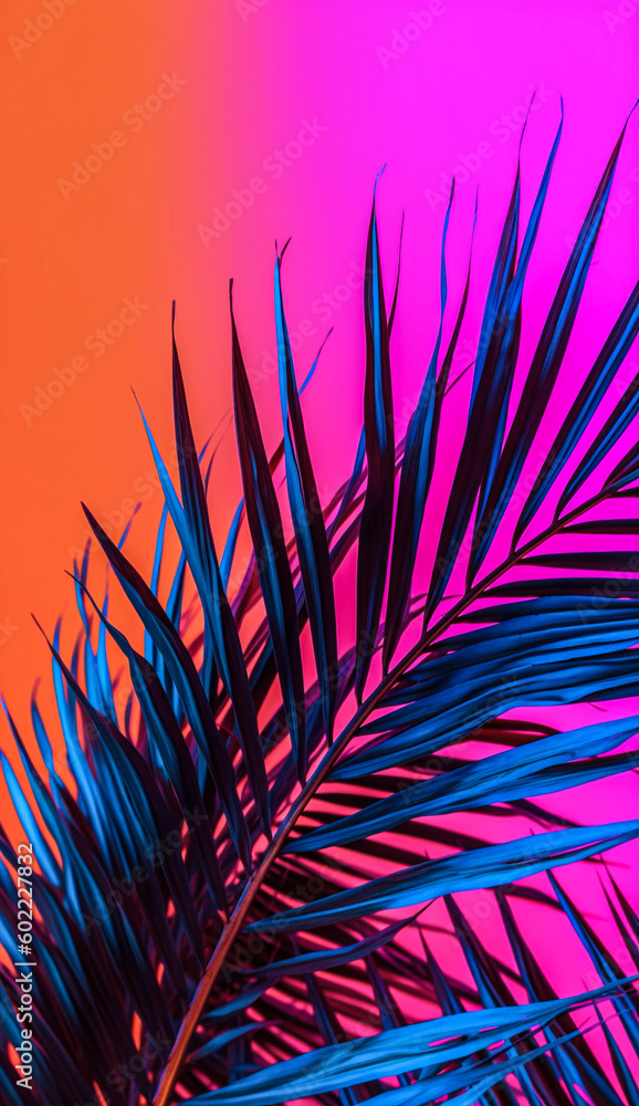 Summer neon background, cyber purple, vivid colors of lights on palm ...