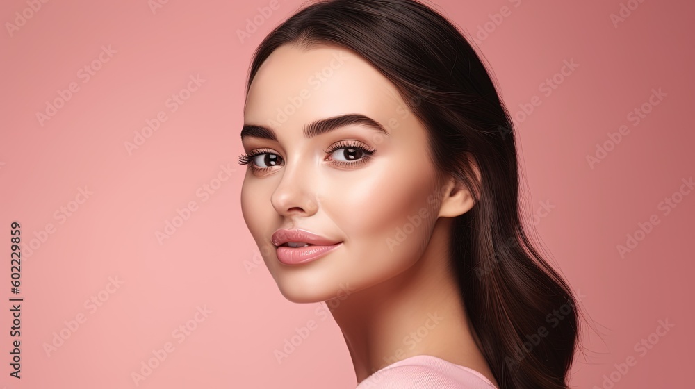 Portrait of beautiful young woman with clean fresh skin on pink ...