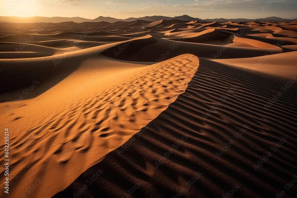 Rolling Sand Dunes of Sahara Desert Illuminated by Setting Sun with ...