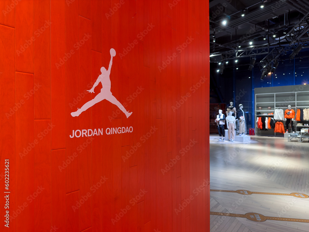 Qingdao-China- May 14,2023: Jordan store design and display, red facade ...