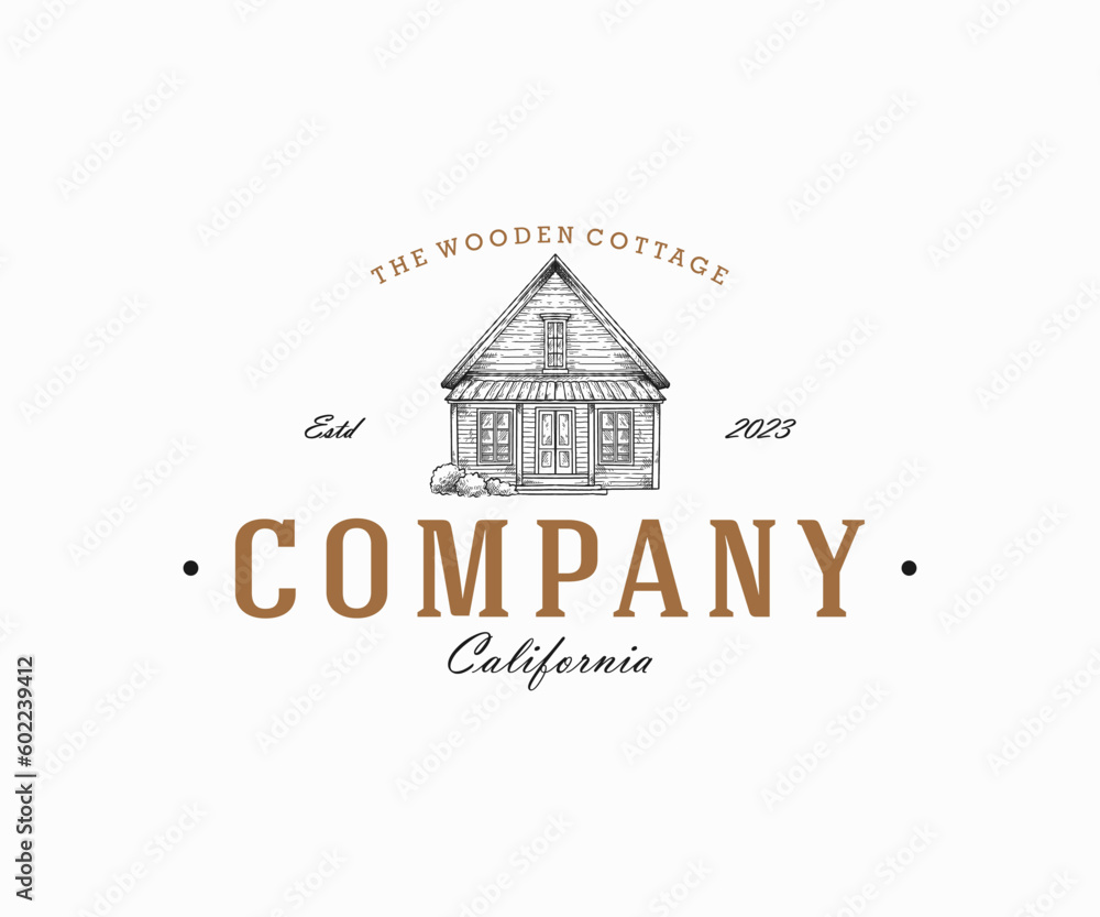 Vintage cottage house logo design badge with hand drawn retro style ...
