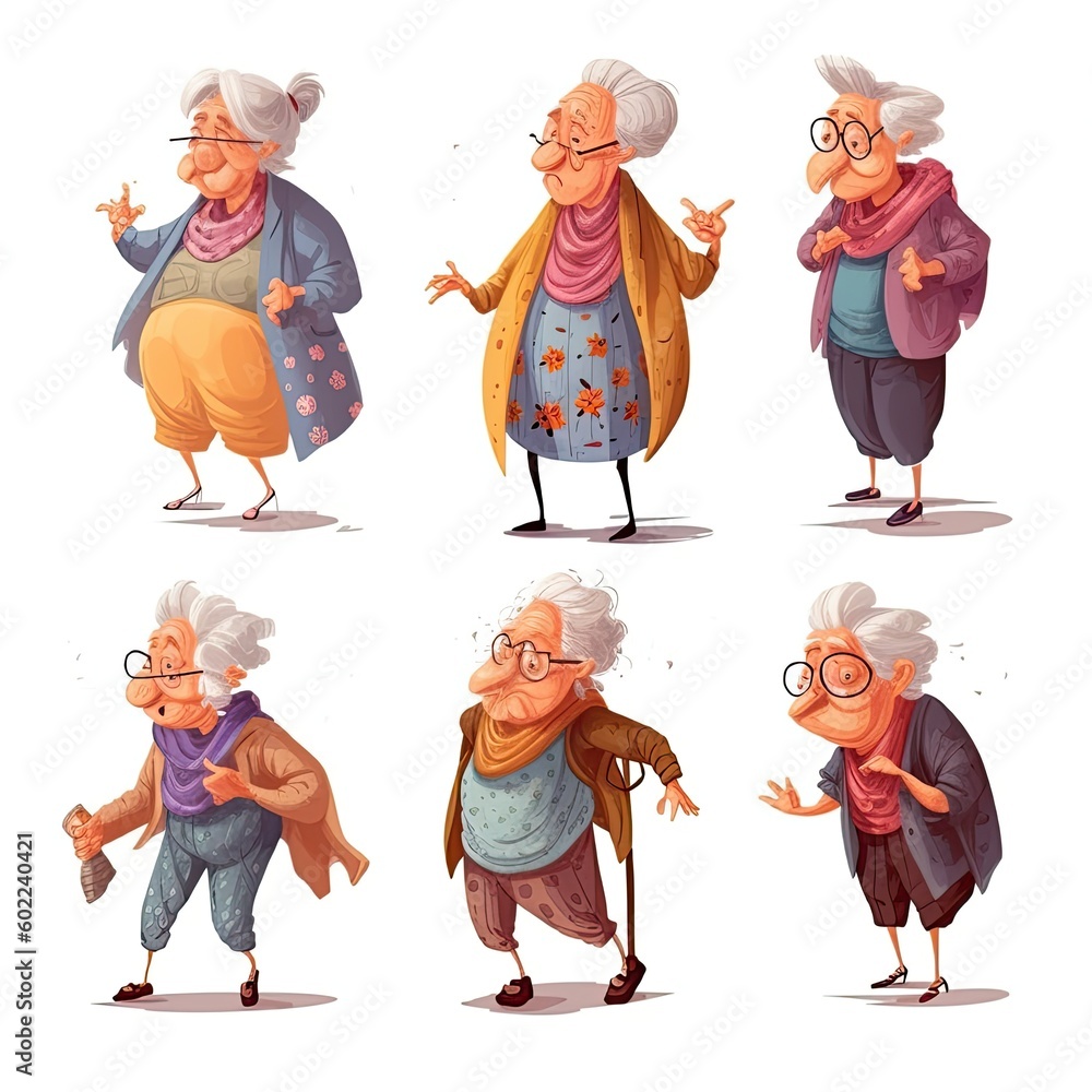 Old women character, multiple poses and expressions, collection ...
