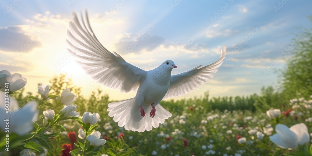 White Dove Flying on Flowers Field Background, Bird of Peace Symbol ...