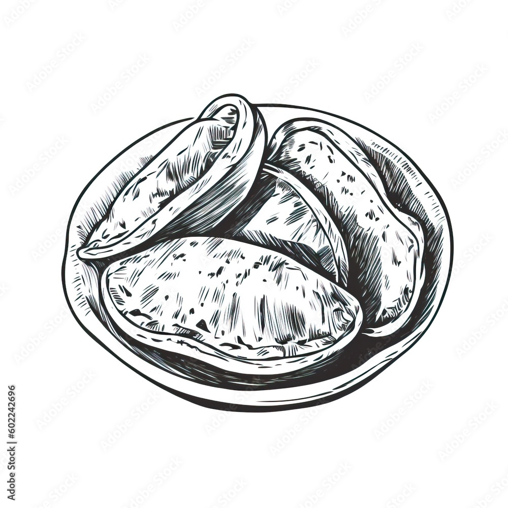 Hand Drawn Fried Pierogi Outline Illustration, Dumplings Hand Drawn ...