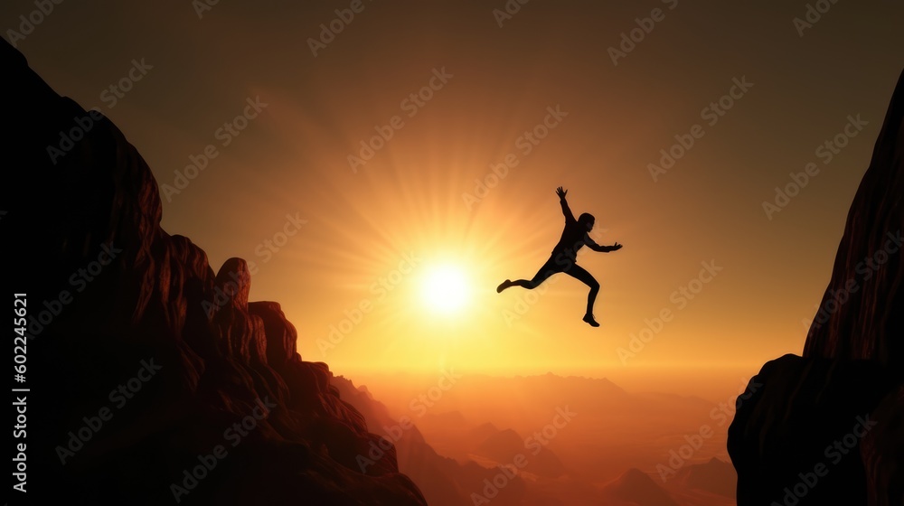 Silhouette of a Man Jumping between Cliffs, Embracing Risk and ...