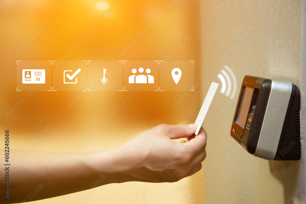Proximity card reader door unlock, Hand security man using ID card on ...