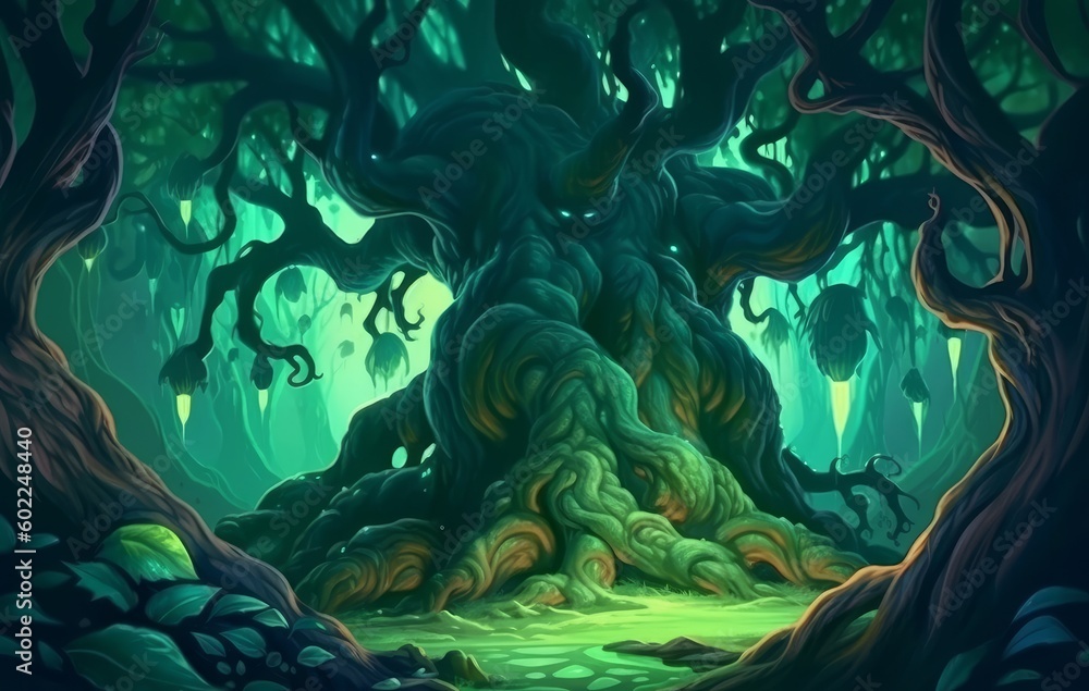 Digital fantasy painting of an evil oak tree in a magical forest with a ...