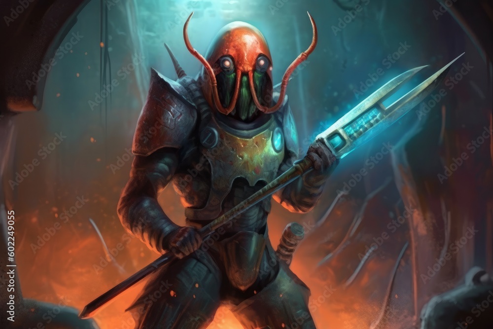 Digital sci-fi painting of an insectoid alien soldier wielding a ...