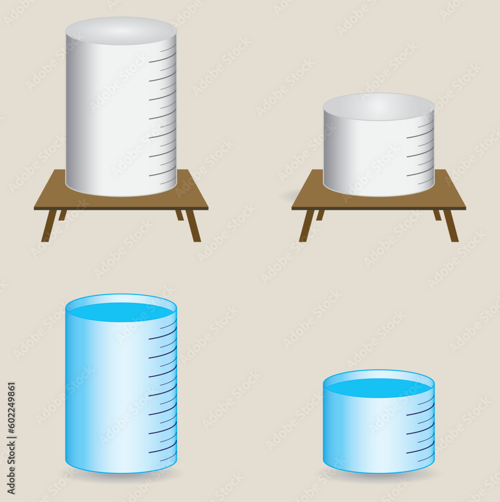 Vetor de Physics. Scaled, small and large water containers. Science ...