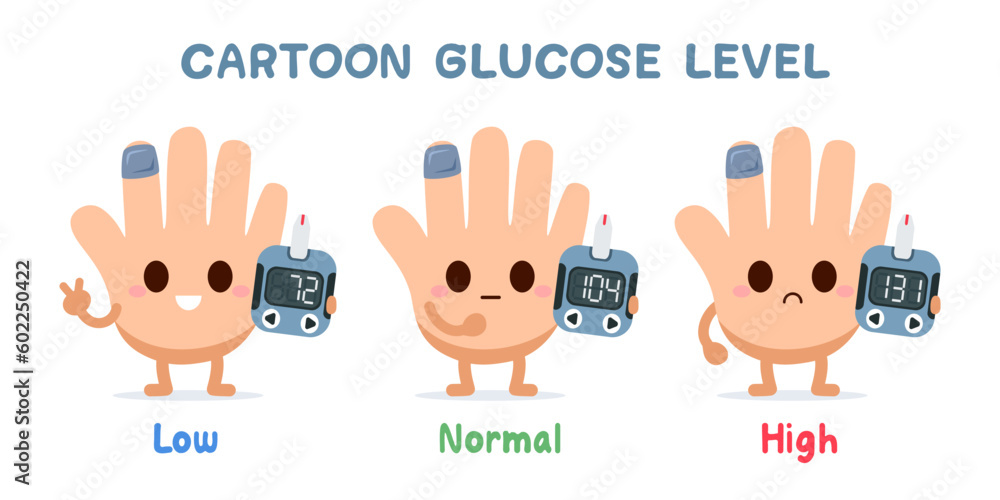Cute cartoon Hand checks control blood low and high sugar diabetes on ...