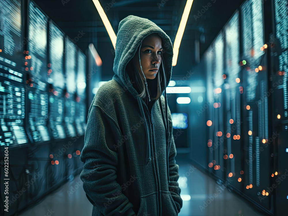 Hacker Server Room And Woman Computer Coding Data Center Crime And