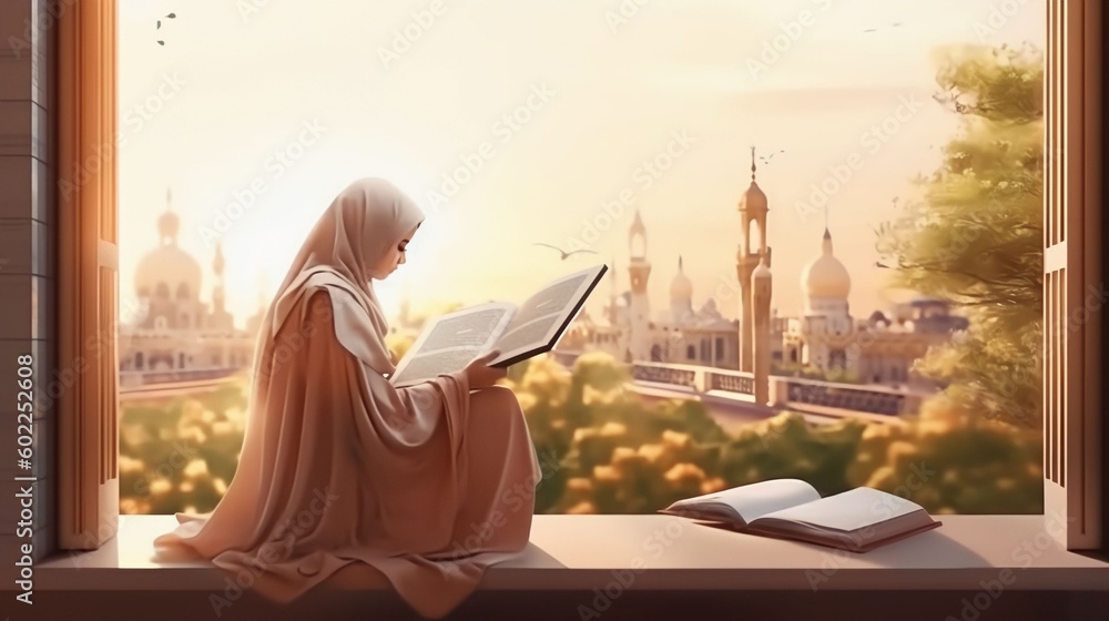 Muslim women sitting and holding Quran with view of mosque, background ...