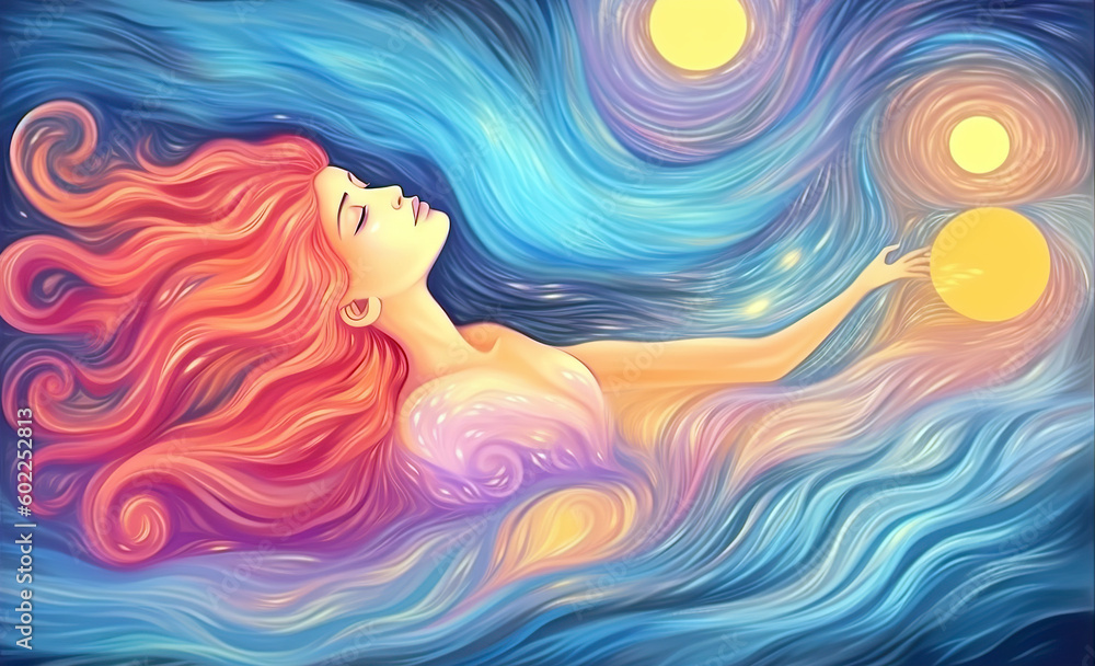 Sleeping girl with long hair dreaming in the waving clouds.Psychic ...