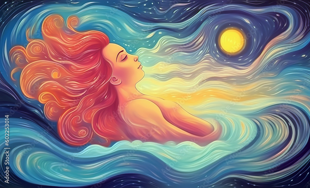 Sleeping girl with long hair dreaming in the waving clouds.Psychic ...