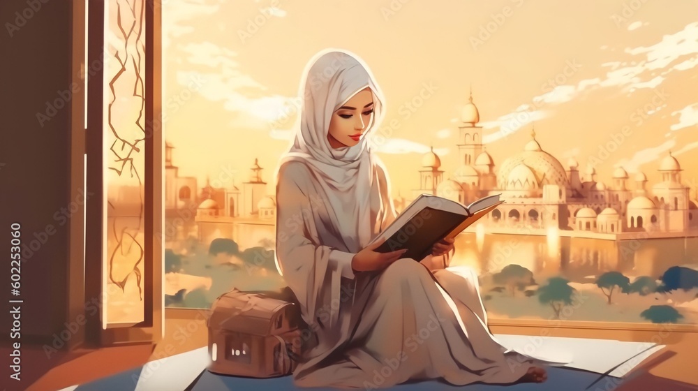 Muslim women sitting and holding Quran with view of mosque, background ...