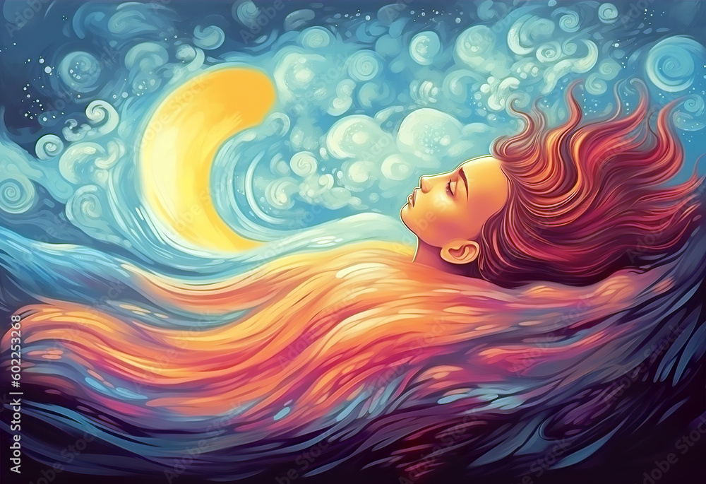 Sleeping girl with long hair dreaming in the waving clouds.Psychic ...