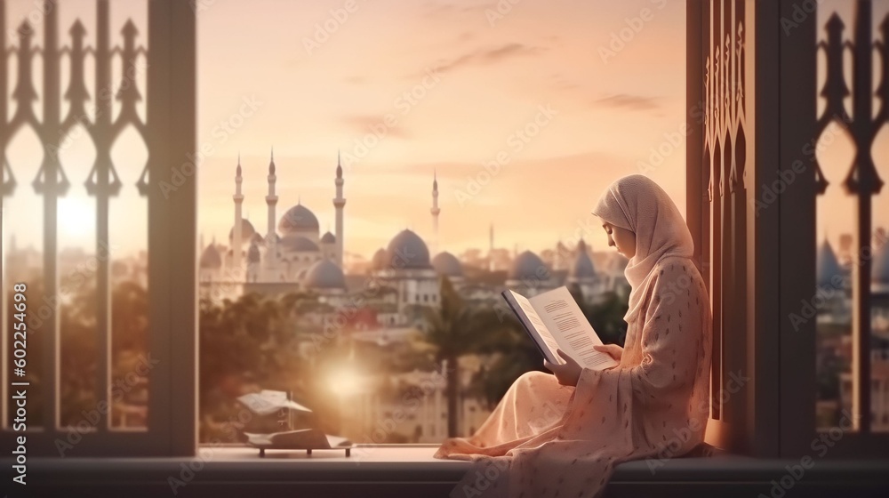 Muslim women sitting and holding Quran with view of mosque, background ...