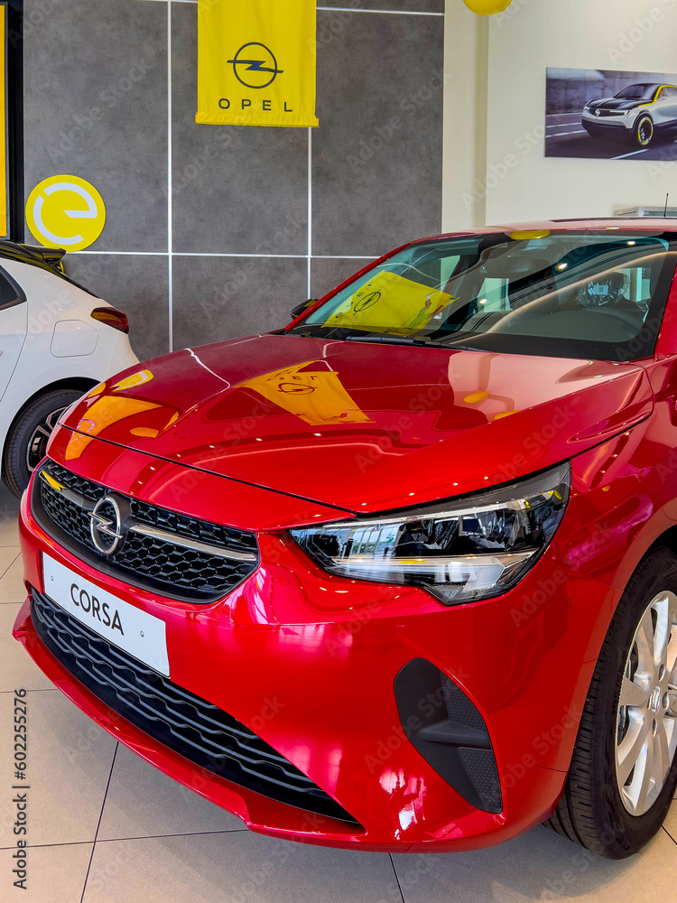 Haifa, Israel, May 12, 2023: Opel Corsa red color model is presented in ...