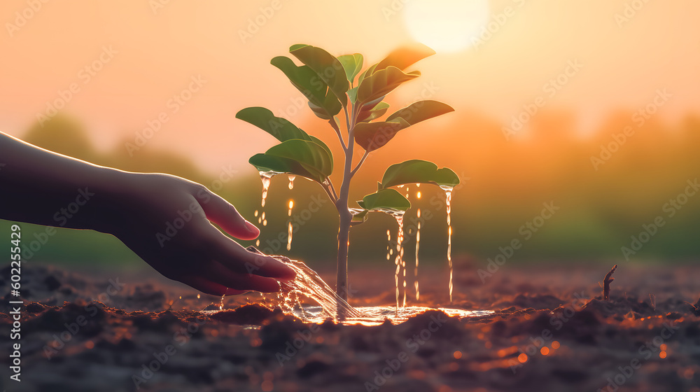 close up two hands holding water and watering young tree to growing up ...