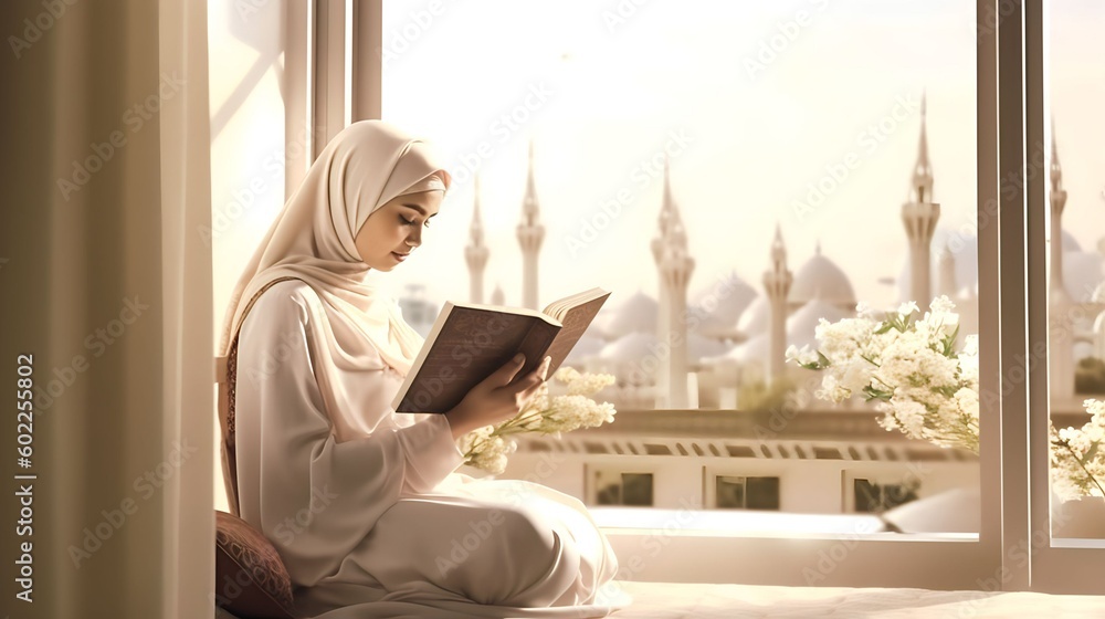 Muslim women sitting and holding Quran with view of mosque, background ...