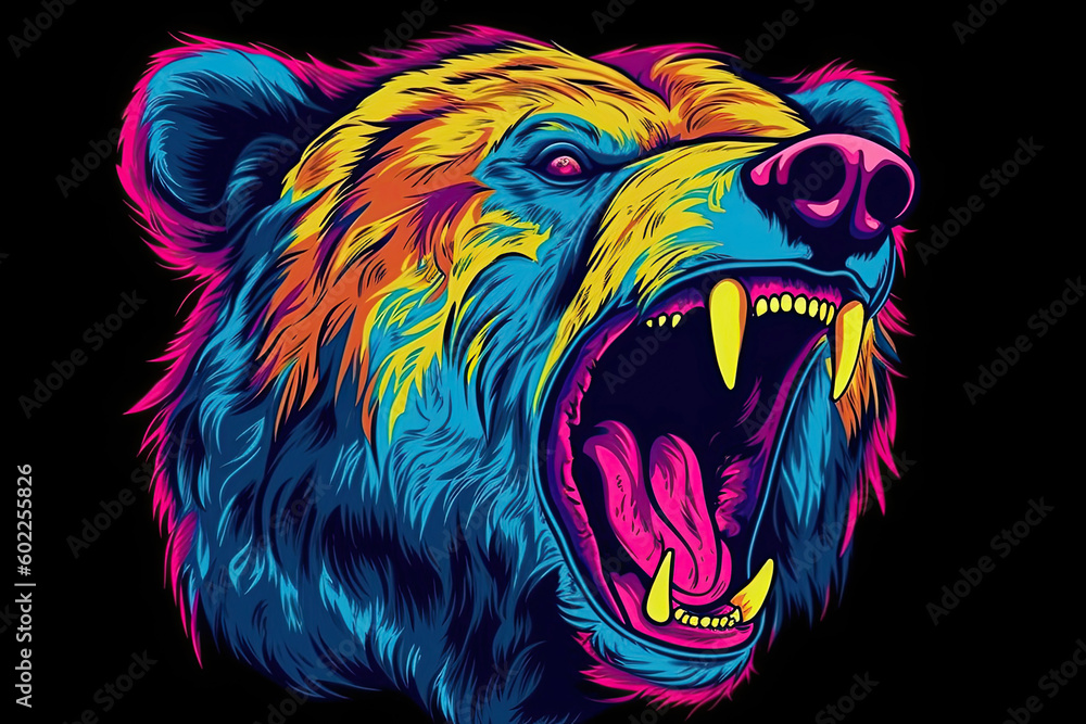 Abstract neon portrait of a bear's head, a grizzly in the style of pop ...