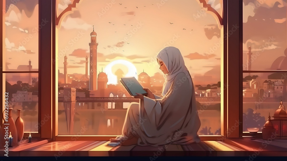 Muslim women sitting and holding Quran with view of mosque, background ...