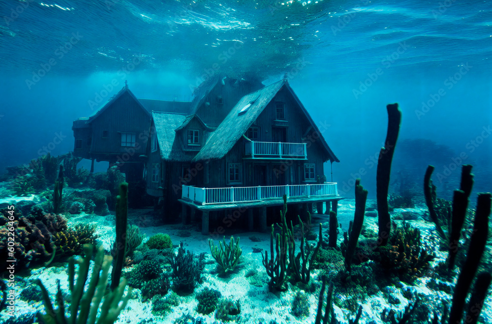 Sunken house under water. Abandoned building at bottom of ocean, sea ...