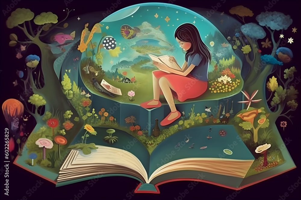 Happy young girl reading a book and imagining a fairy-tale world ...