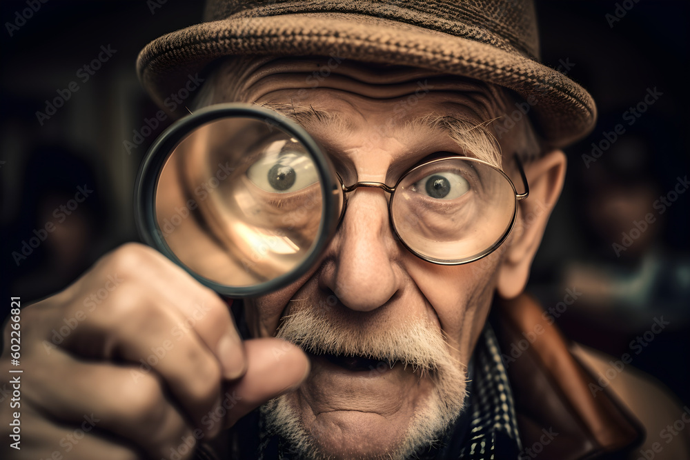 Funny old man looking though a magnifying glass. Generative AI Stock ...