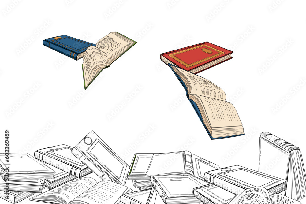 Different books falling from the top vector illustration on white ...