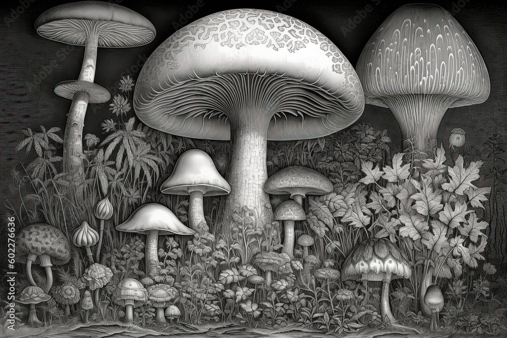 Delicate and Intricate Drawing of a Mushroom with Exquisite Linework: A ...
