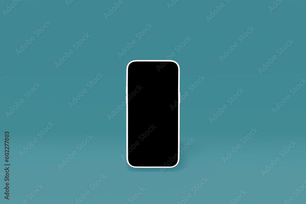 Mockup of mobile phone with black screen isolated on teal blue color ...