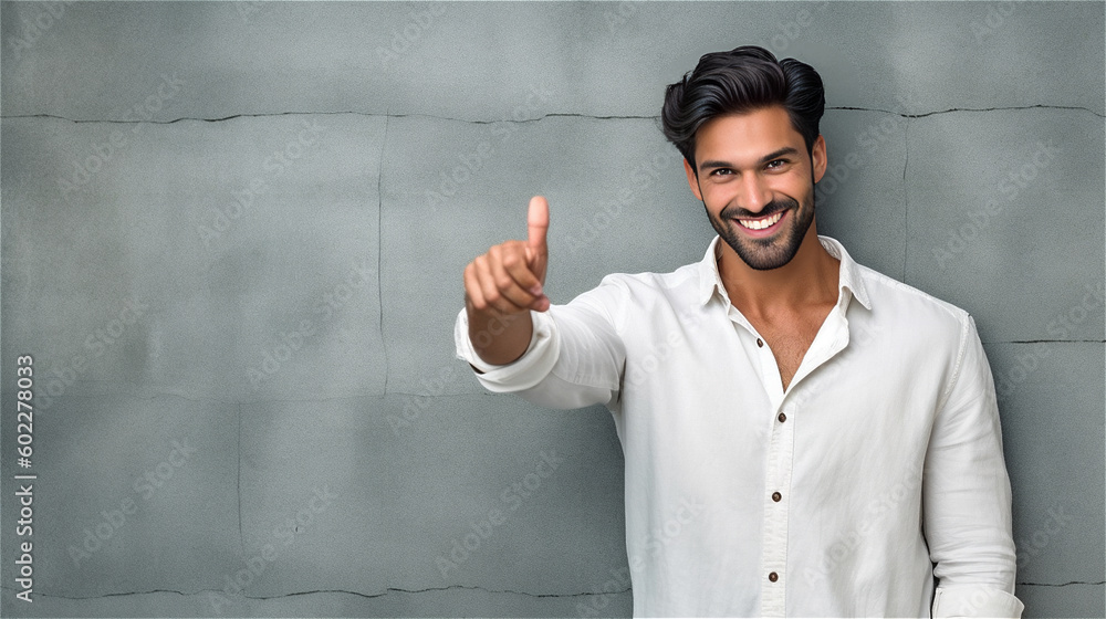 Smiling Indian Male Model in White Shirt Giving Thumbs Up Stock ...