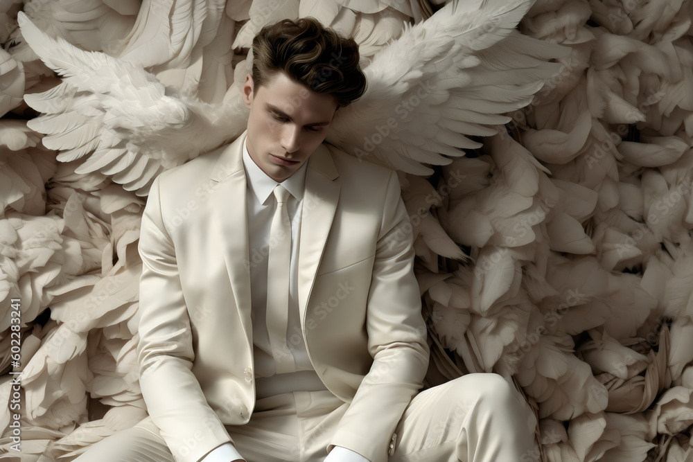 beautiful angel man with feather wings sitting in white suit fashion ...